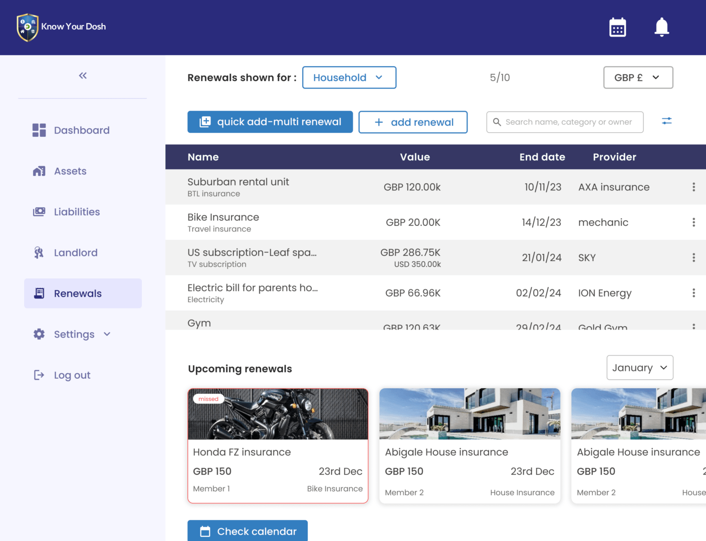 Family Subscription Tracker Manage Renewals | Know Your Dosh